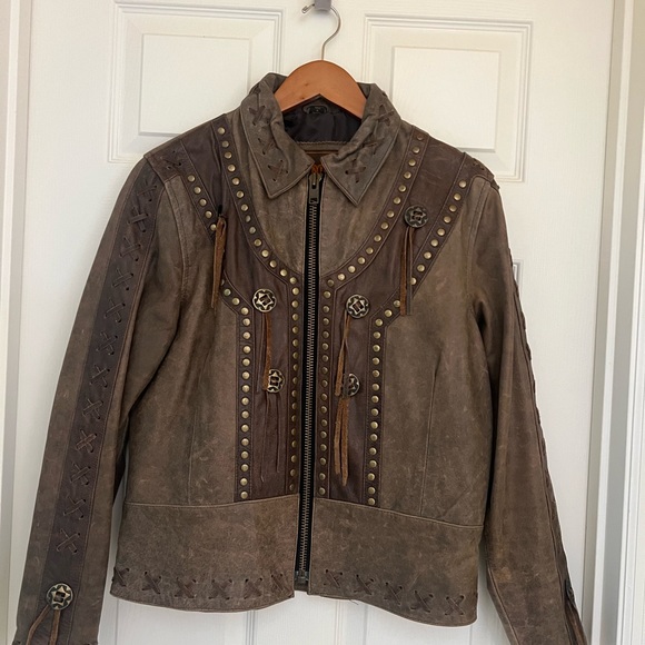 Unik | Jackets & Coats | Unik Brown Leather Jacket With Stud Accents ...